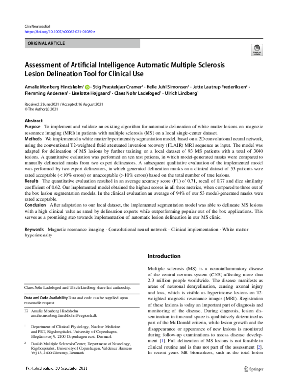 (PDF) Assessment of Artificial Intelligence Automatic Multiple Sclerosis Lesion Delineation Tool ...