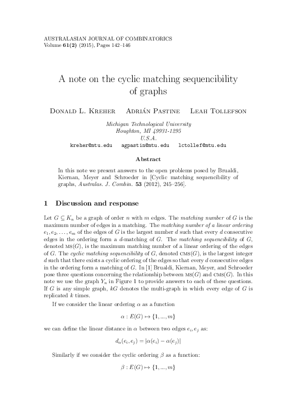 (PDF) A note on the cyclic matching sequencibility of graphs | Leah ...