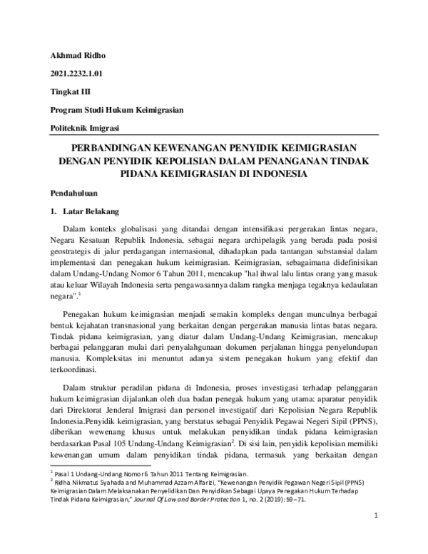 (PDF) PERBANDINGAN KEWENANGAN PENYIDIK KEIMIGRASIAN DENGAN PENYIDIK KEPOLISIAN DALAM PENANGANAN ...