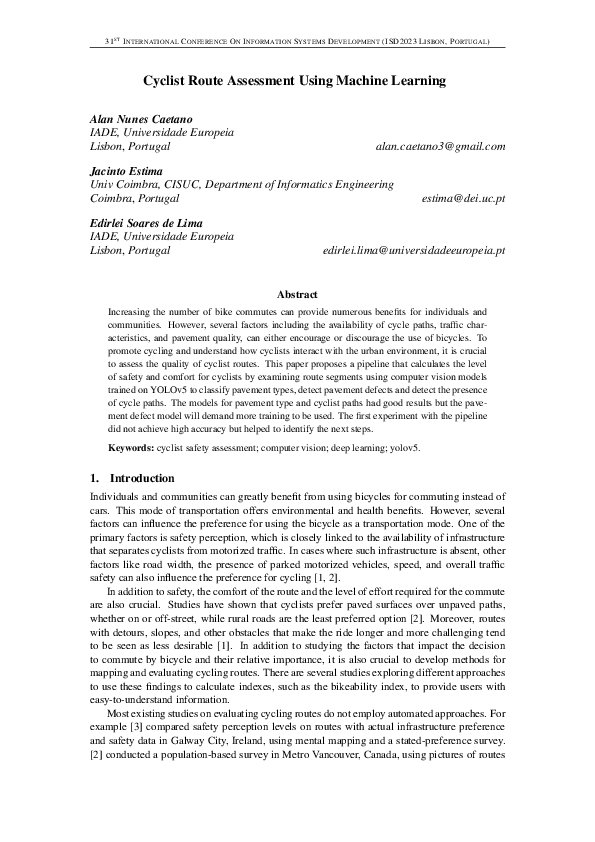 (PDF) Cyclist Route Assessment Using Machine Learning (PDF) Cyclist Route Assessment Using Machine Learning