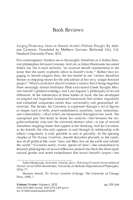 (PDF) Surging Democracy: Notes on Hannah Arendt’s Political Thought