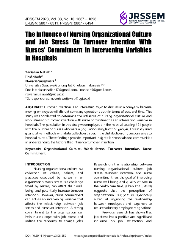 (PDF) The Influence of Nursing Organizational Culture and Job Stress On ...