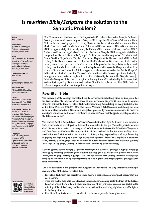 (PDF) Is rewritten Bible/Scripture the solution to the Synoptic Problem?