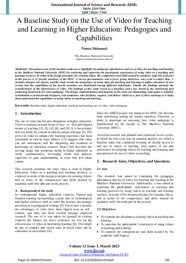 (PDF) A Baseline Study on the Use of Video for Teaching and Learning in ...