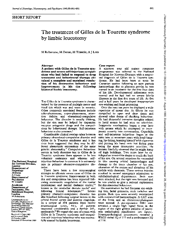 (PDF) The treatment of Gilles de la Tourette syndrome by limbic leucotomy