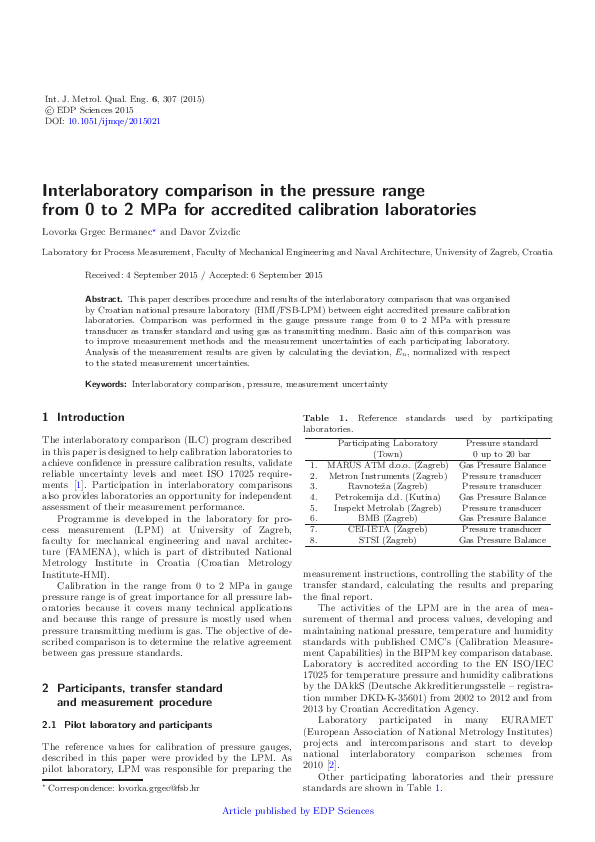 (PDF) Interlaboratory comparison in the pressure range from 0 to 2 MPa for accredited ...