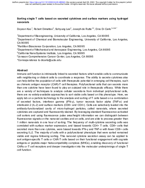 (PDF) Sorting single T cells based on secreted cytokines and surface ...