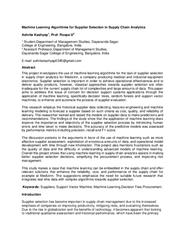 (PDF) Machine Learning Algorithms for Supplier Selection in Supply Chain Analytics