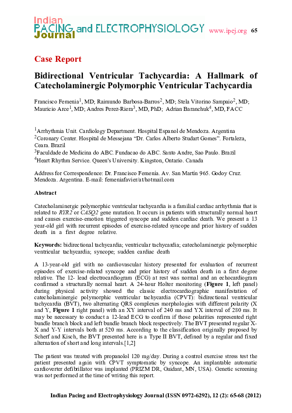 (PDF) Bidirectional Ventricular Tachycardia: A Hallmark of Catecholaminergic Polymorphic ...