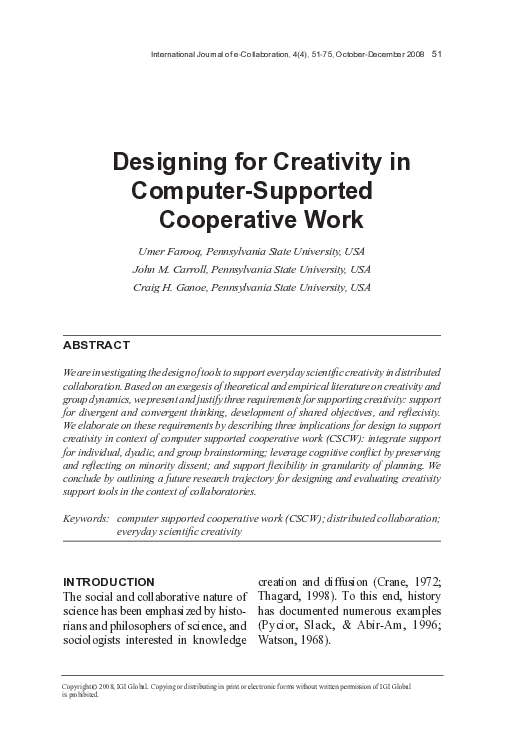 (PDF) Designing for Creativity in Computer-Supported Cooperative Work