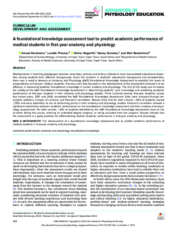 (PDF) A foundational knowledge assessment tool to predict academic performance of medical ...
