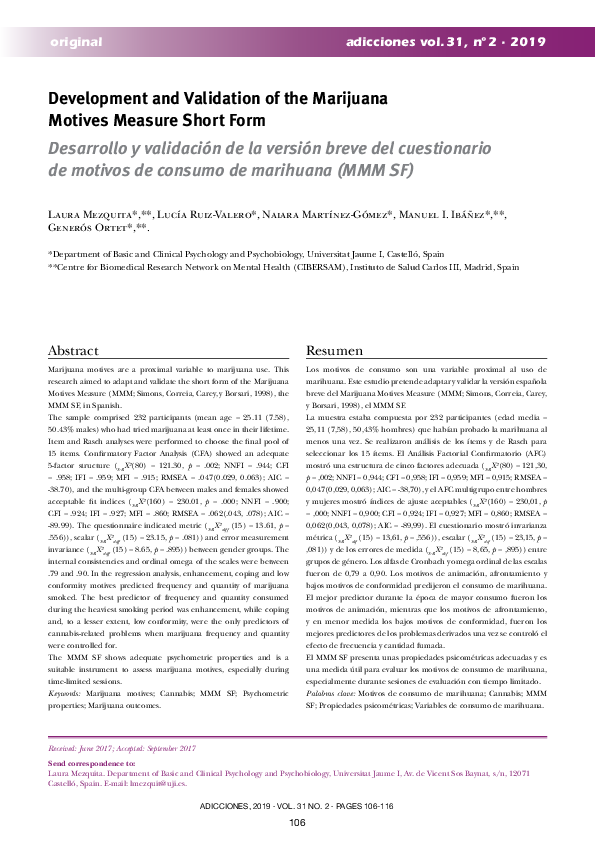 (PDF) Development and Validation of the Marijuana Motives Measure Short ...