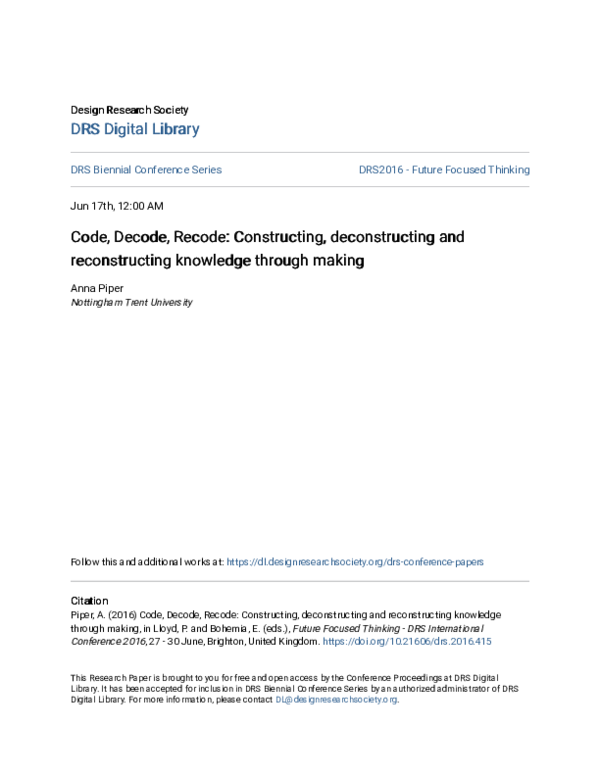(PDF) Code, Decode, Recode: Constructing, deconstructing and reconstructing knowledge through making