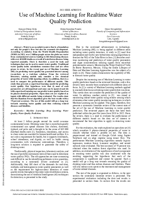 (PDF) Use of Machine Learning for Realtime Water Quality Prediction