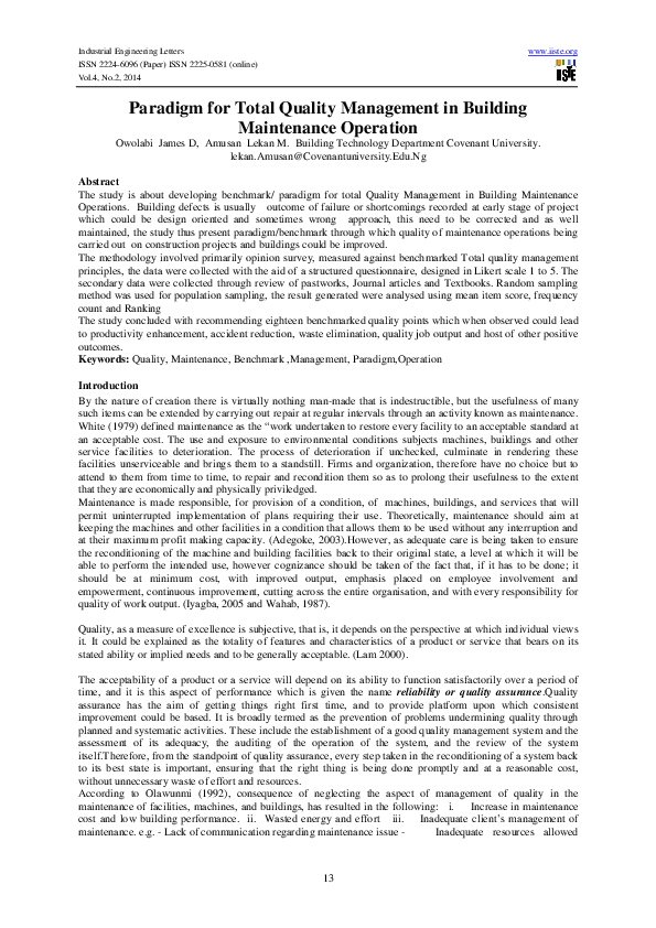 (PDF) Paradigm for Total Quality Management in Building Maintenance ...