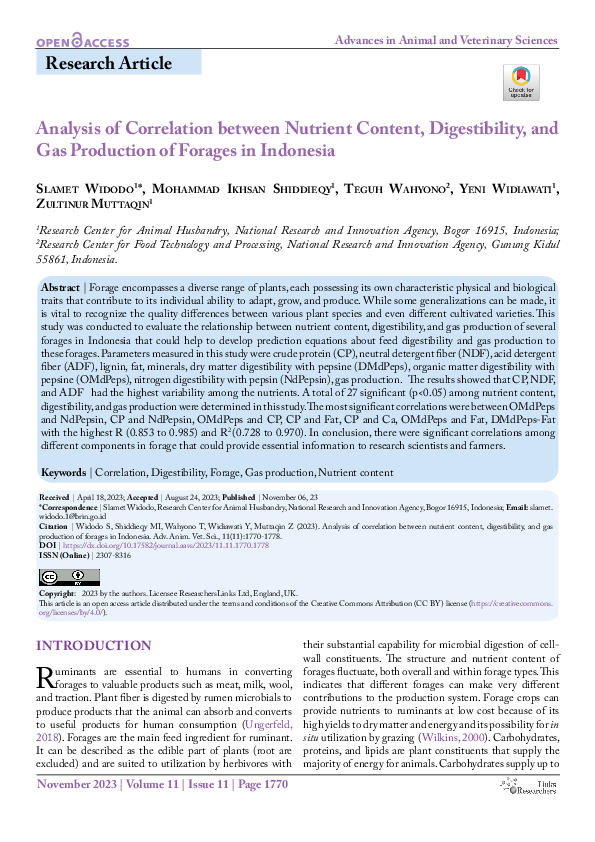 (PDF) Analysis of Correlation between Nutrient Content, Digestibility ...