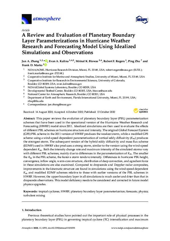 Pdf A Review And Evaluation Of Planetary Boundary Layer Parameterizations In Hurricane Weather