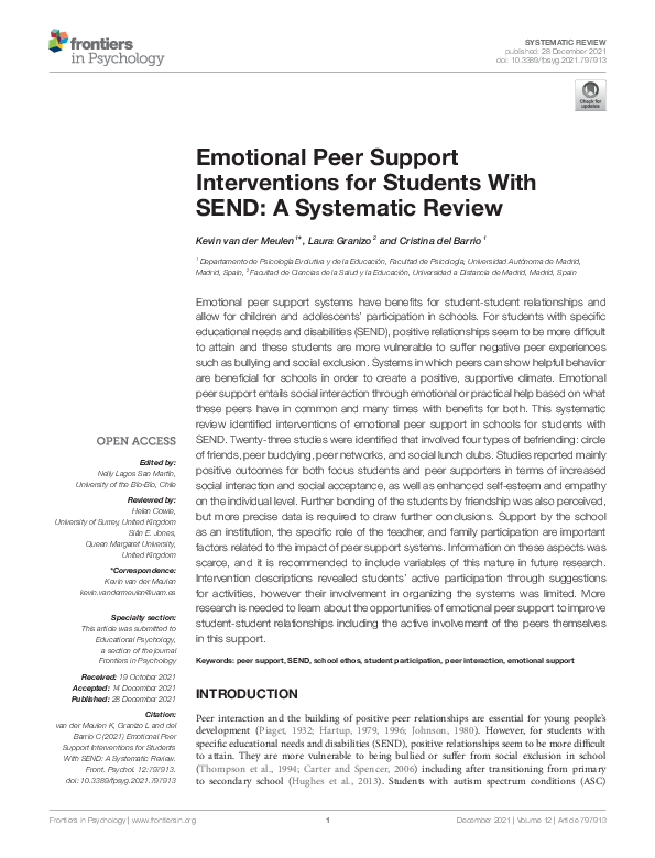 (PDF) Emotional Peer Support Interventions for Students With SEND: A ...