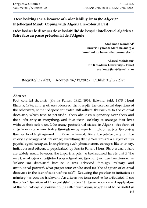 (PDF) Decolonizing the Discourse of Coloniability from the Algerian ...