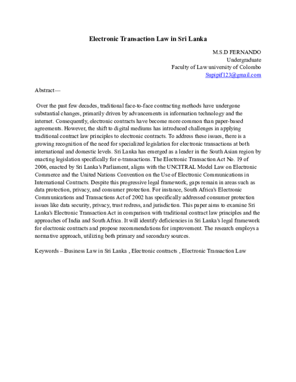 (PDF) Electronic Transaction Law in Sri Lanka ABSTRACT