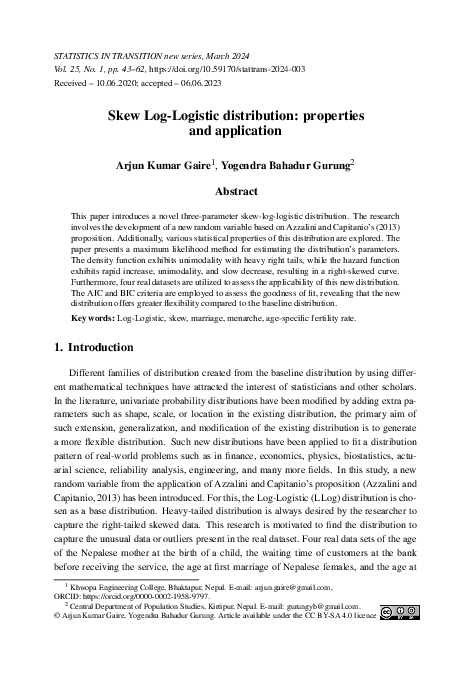 Pdf Skew Log Logistic Distribution Properties And Application