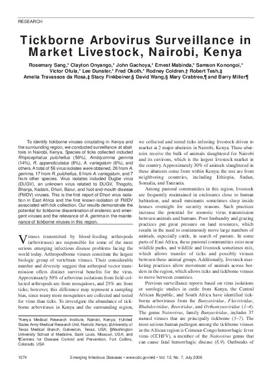 (PDF) Tickborne Arbovirus Surveillance in Market Livestock, Nairobi ...