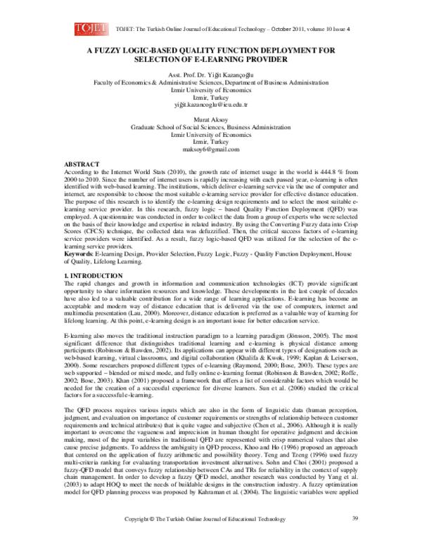 (PDF) Fuzzy Logic QFD for E-Learning Provider Selection