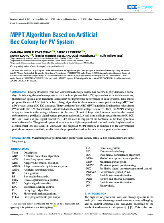 (PDF) MPPT Algorithm Based on Artificial Bee Colony for PV System