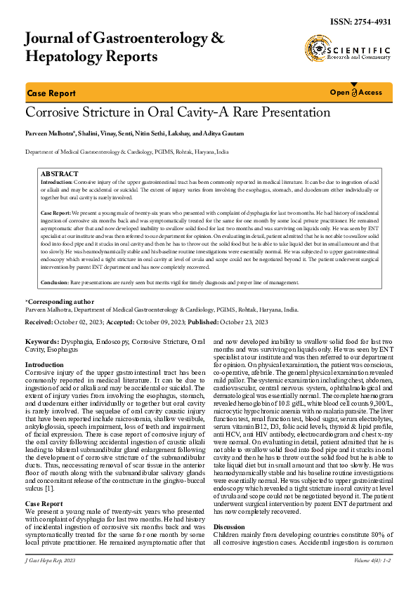 (PDF) Corrosive Stricture in Oral Cavity-A Rare Presentation
