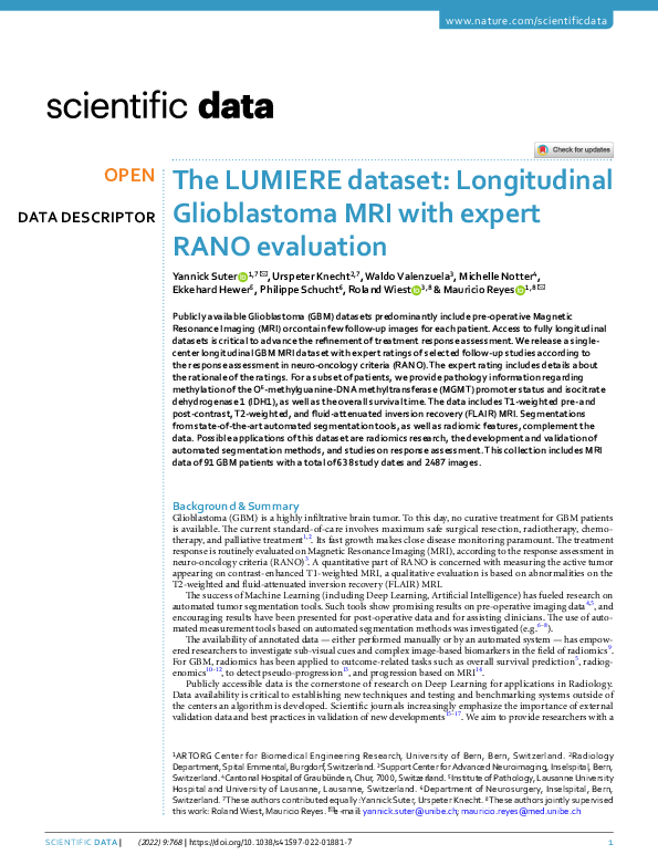(PDF) The LUMIERE dataset: Longitudinal Glioblastoma MRI with expert RANO evaluation