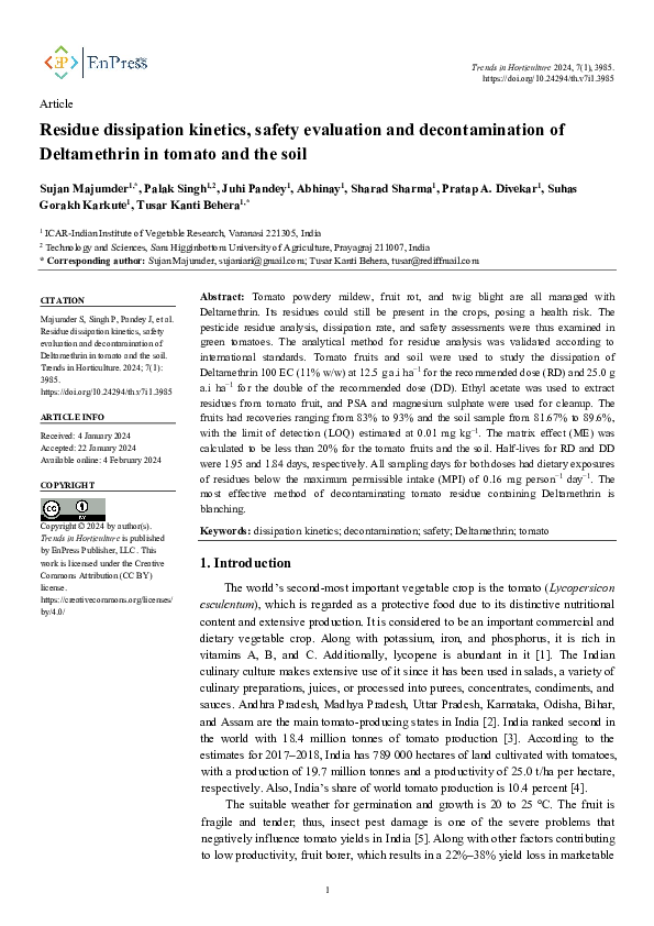(PDF) Residue dissipation kinetics, safety evaluation and decontamination of Deltamethrin in ...
