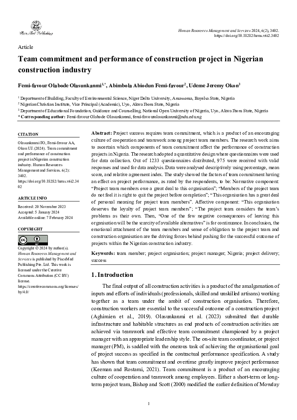 (PDF) Team commitment and performance of construction project in ...