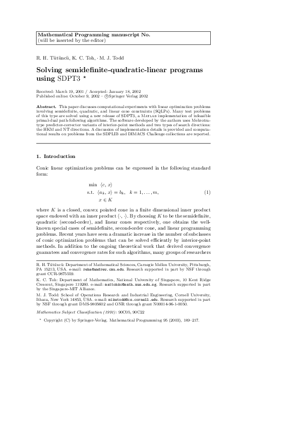 (PDF) Solving semidefinite-quadratic-linear programs using SDPT3