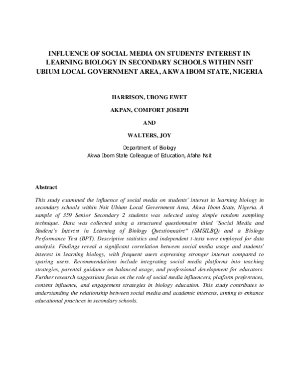 (PDF) INFLUENCE OF SOCIAL MEDIA ON STUDENTS' INTEREST IN LEARNING ...
