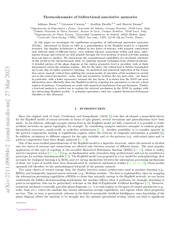 Pdf Thermodynamics Of Bidirectional Associative Memories
