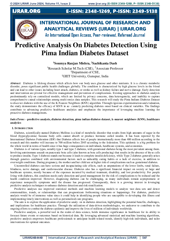 (PDF) Predictive Analysis On Diabetes Detection Using Pima Indian ...