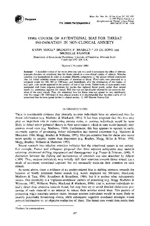 (PDF) time course of attentional bias for threat information in non clinical anxiety