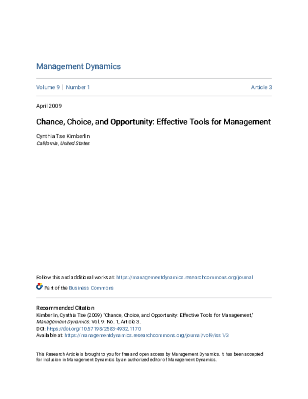 (PDF) Chance, Choice, and Opportunity: Effective Tools for Management