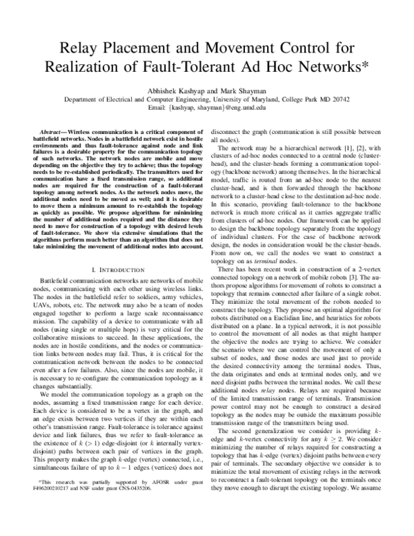 (PDF) Relay Placement and Movement Control for Realization of Fault-Tolerant Ad Hoc Networks