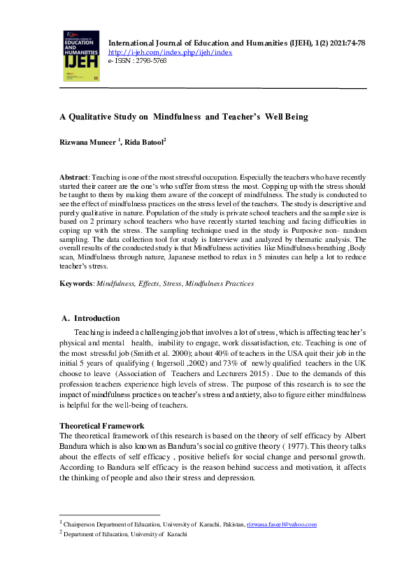 (PDF) A Qualitative Study on Mindfulness and Teacher’s Well Being