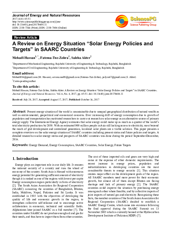 (PDF) A Review on Energy Situation "Solar Energy Policies and Targets ...