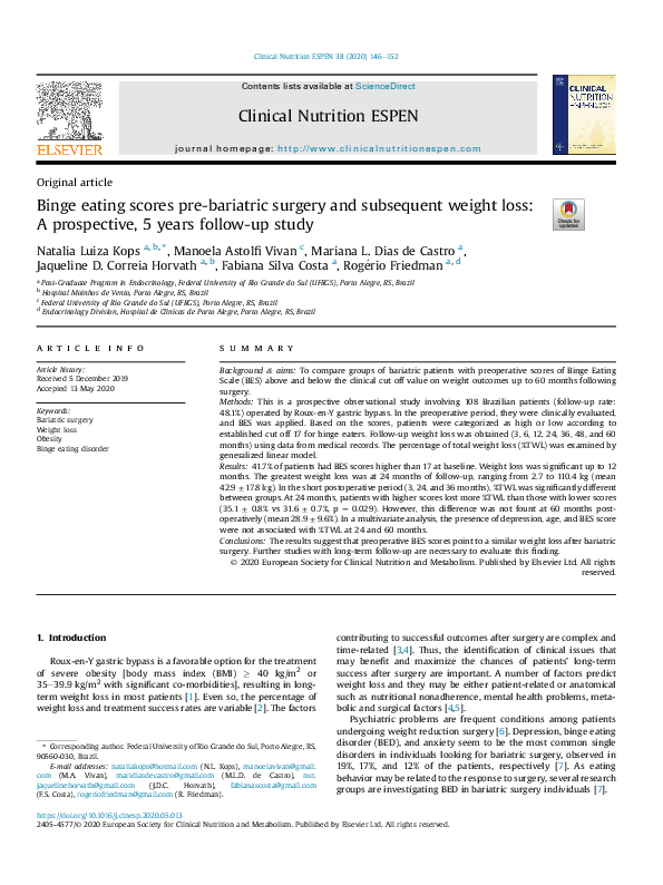 (PDF) Binge eating scores pre-bariatric surgery and subsequent weight ...