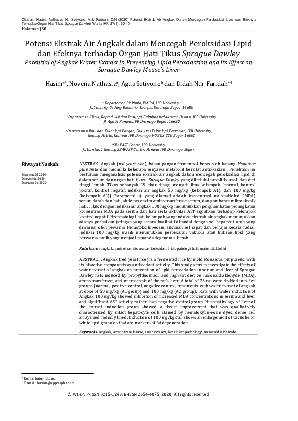 (PDF) Potensi Ekstrak Air Angkak dalam Mencegah Peroksidasi Lipid dan ...