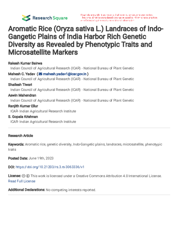 (PDF) Aromatic Rice (Oryza sativa L.) Landraces of Indo-Gangetic Plains of India Harbor Rich ...
