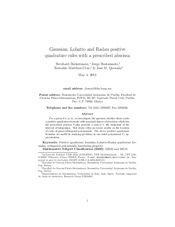 (PDF) Gaussian, Lobatto and Radau positive quadrature rules with a ...