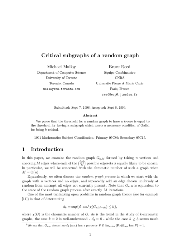 (PDF) Critical Subgraphs of a Random Graph