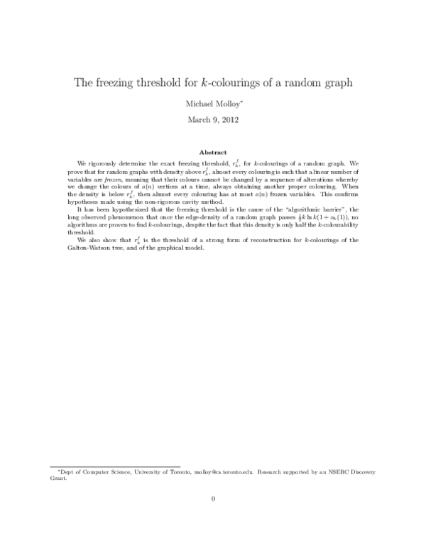 (PDF) The freezing threshold for k-colourings of a random graph | Michael Molloy - Academia.edu