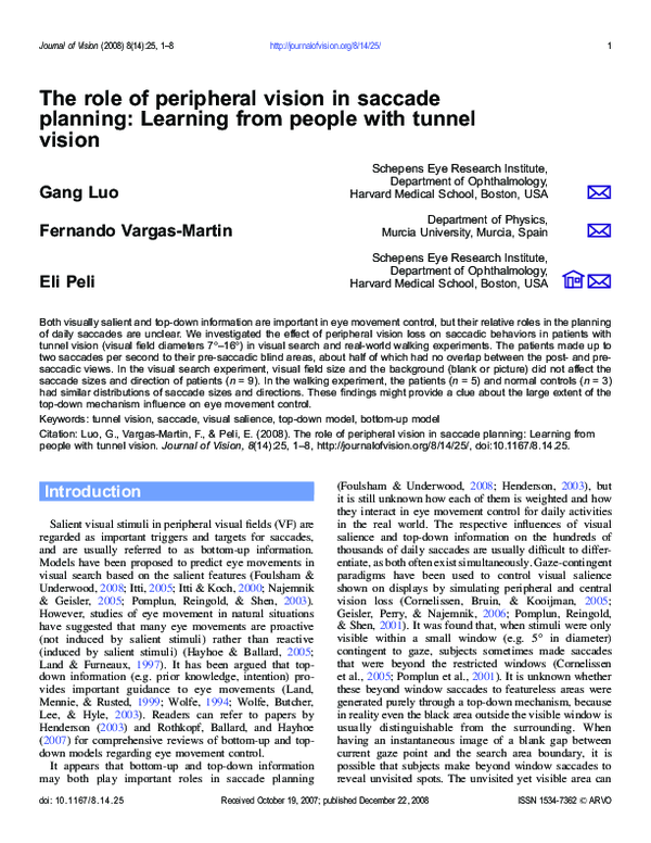 (PDF) The role of peripheral vision in saccade planning: Learning from people with tunnel vision