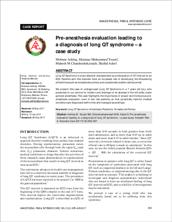 (PDF) Pre-anesthesia evaluation leading to a diagnosis of long QT ...