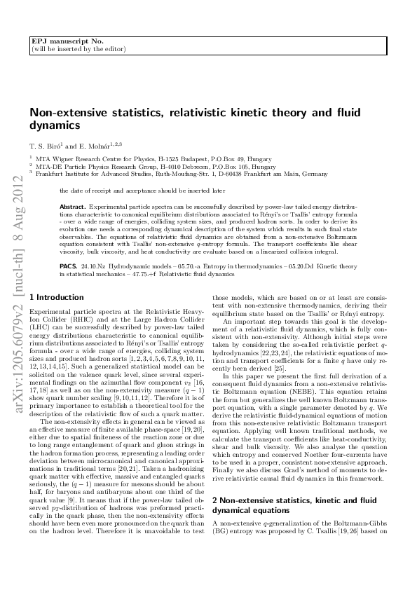 (PDF) Non-extensive statistics, relativistic kinetic theory and fluid ...